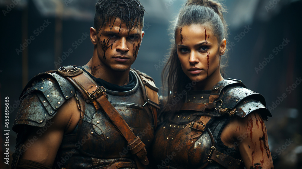 Portrait of an ancient spartan warrior couple with brown hair, metal ...