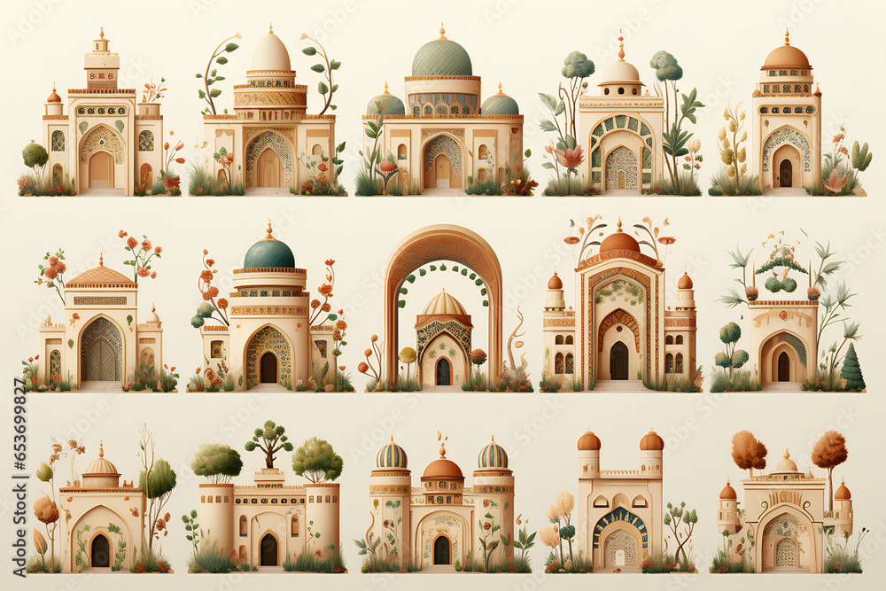 Indian buildings set. Illustration. Collection of Arab buildings. Stock ...