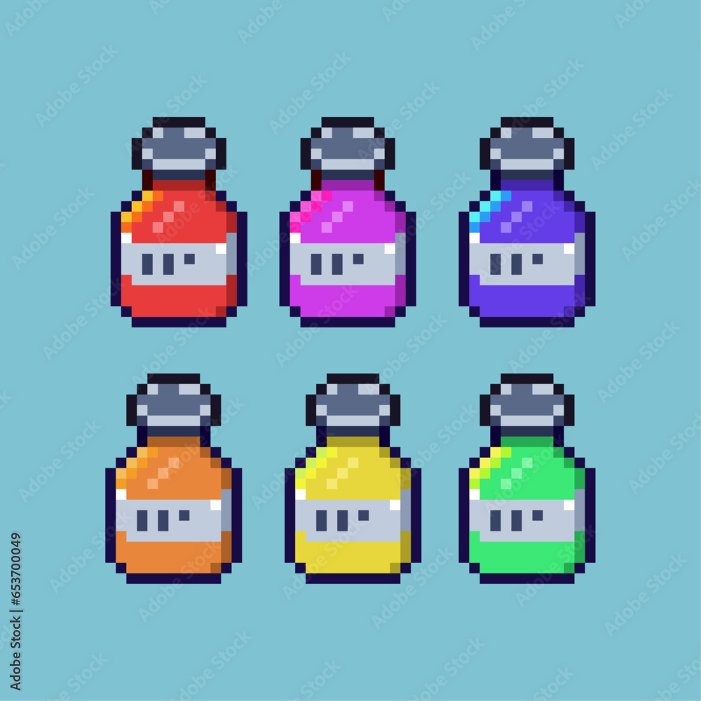 Pixel art sets of bottle with variation color item asset simple bits of colorful bottle ...