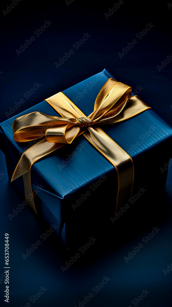 Gift or present in a square box with blue wrapping paper and a golden ...