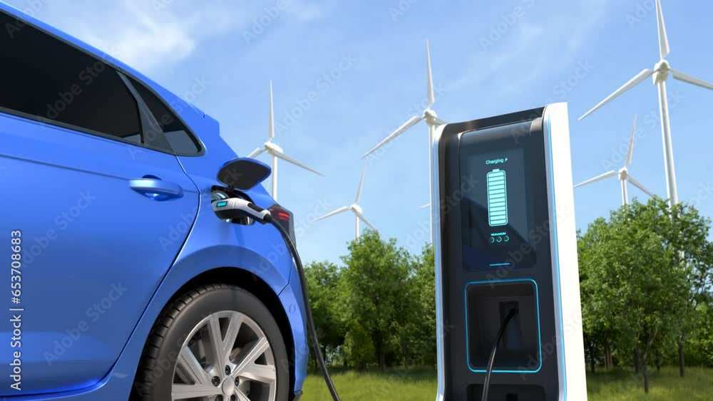 Electric cars Charging at the charging station and with a Wind turbine ...