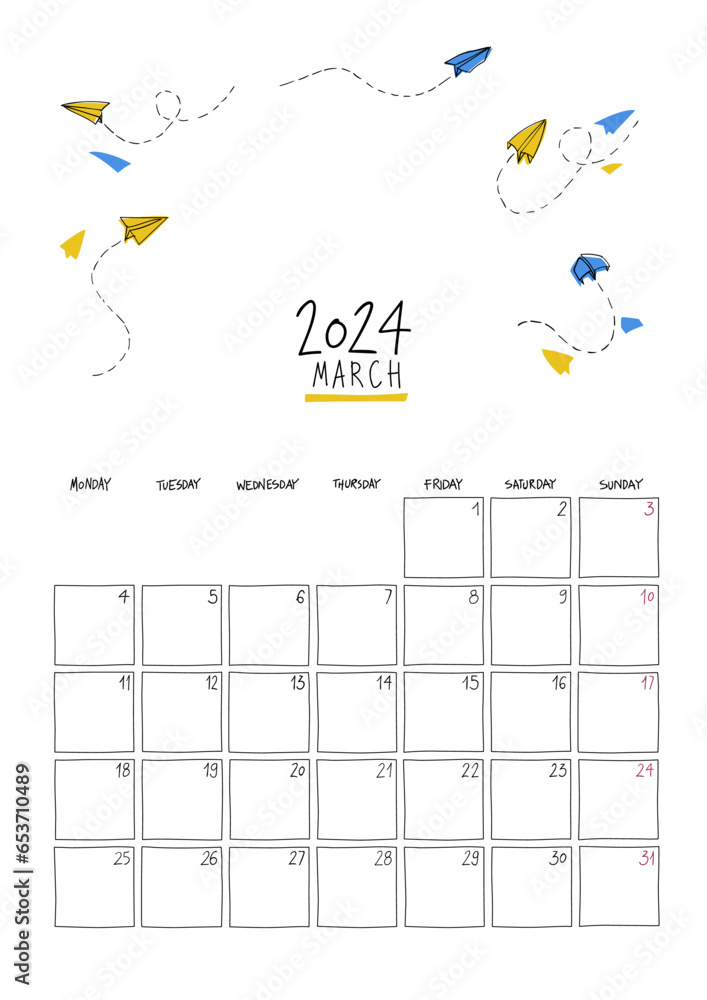 March 2024 wall calendar. Sketch style. Printable A4 portrait template ...