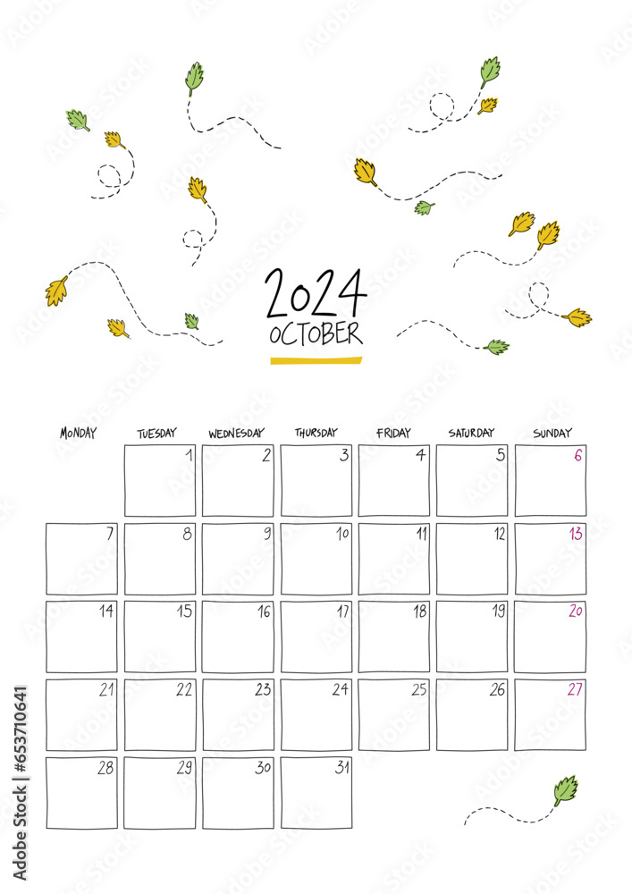 October 2024 wall calendar. Sketch style. Printable A4 portrait ...