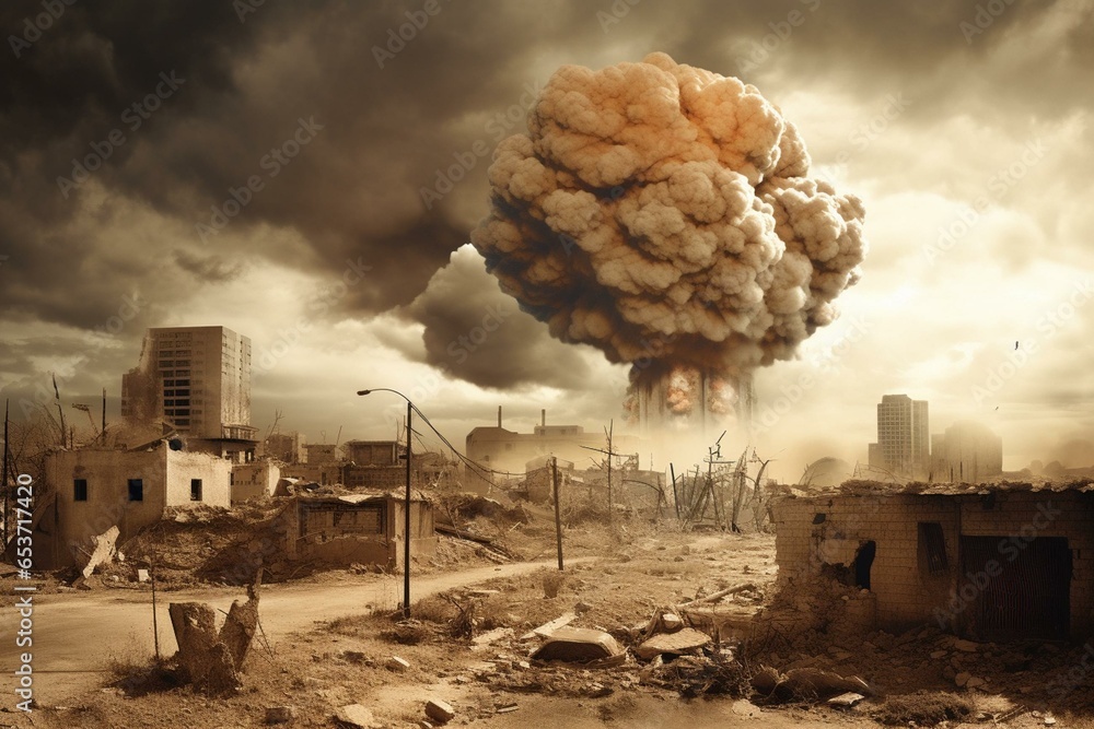 Illustration of a devastated city consumed by a mushroom cloud from a ...