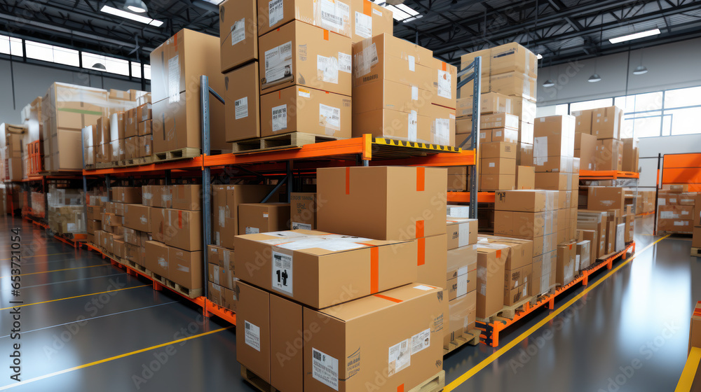 Merchandise stored in boxes within a modern, organized warehouse. Stock ...