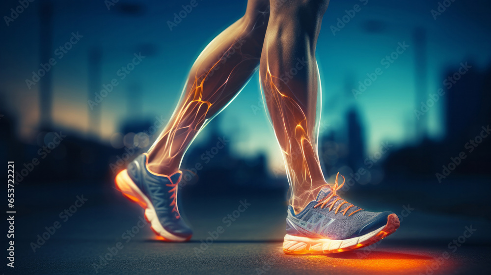 Joint pain or injury while running. Xray of training athlete with sport ...