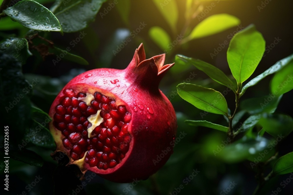 High definition 8K wallpaper of a pomegranate with leaves. Generative ...