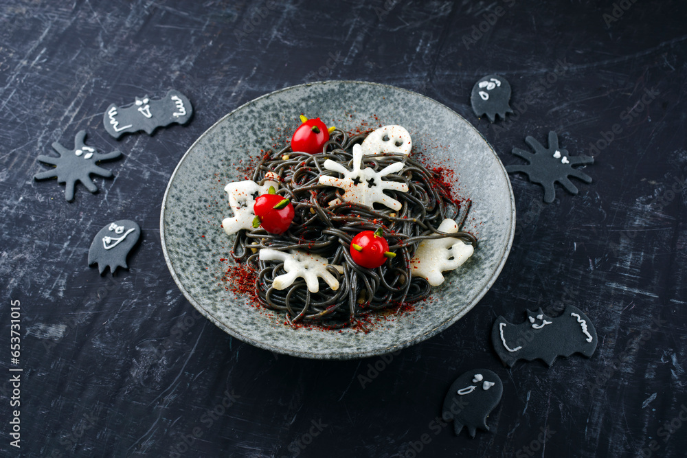 Traditional Halloween octopus spaghetti with Dracula spiders, bats and ...