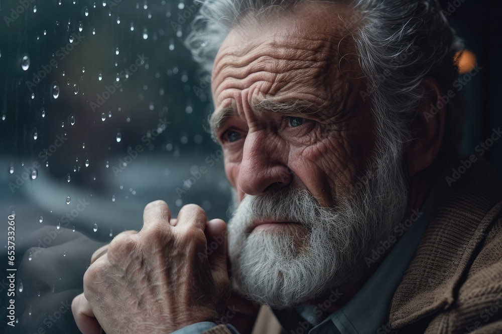Senior man sad and depressed looking out of the window with raindrops ...