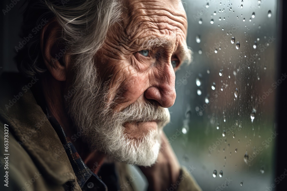 Senior man sad and depressed looking out of the window with raindrops ...