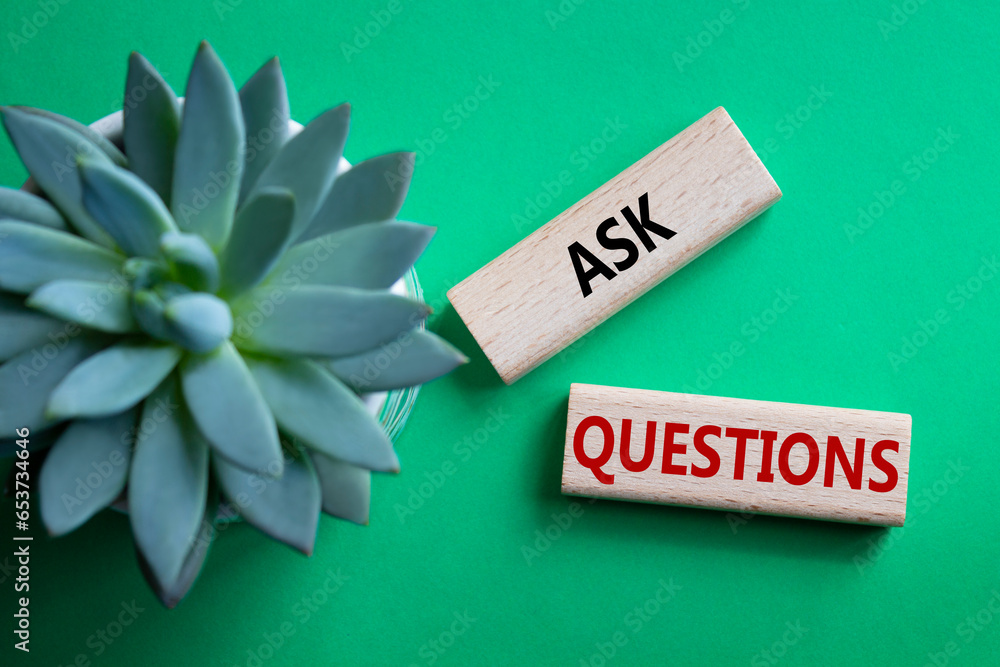 Ask Questions symbol. Wooden blocks with words Ask Questions. Beautiful ...