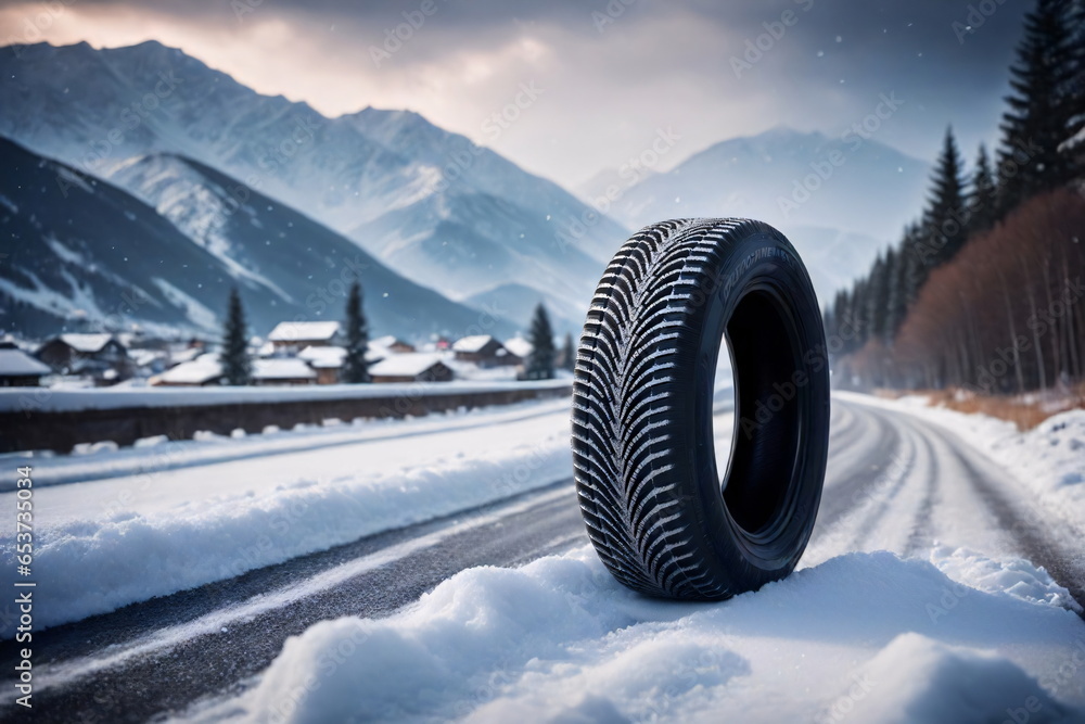 Foto de Winterreifen mit Profil auf einer vereisten Straße im Winter ...