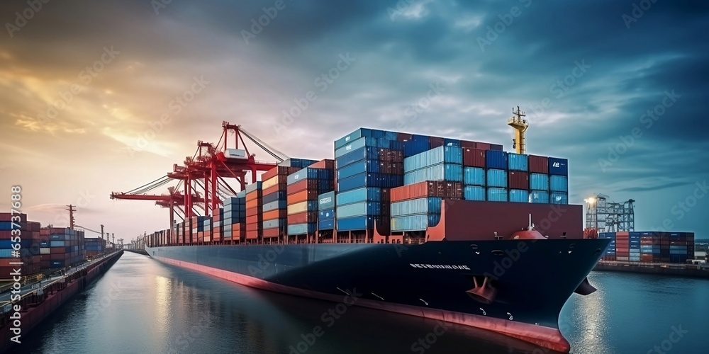 Container ship carrying container boxes import export dock with quay ...