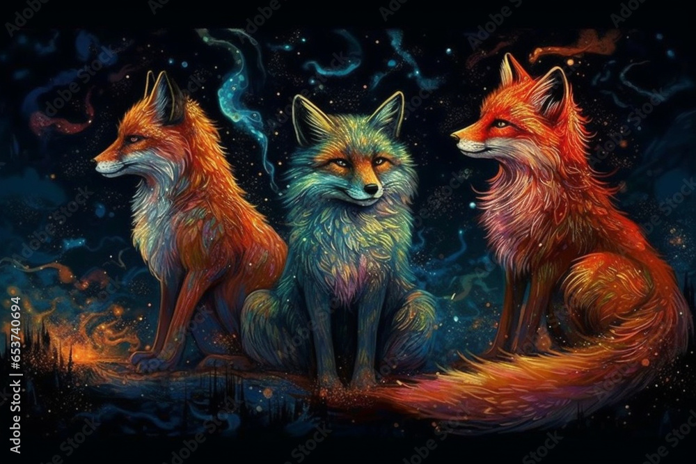 In a realm of perpetual twilight, spectral foxes with tails like ...