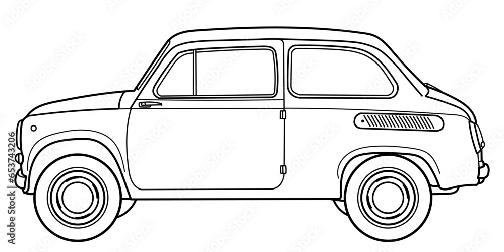 Classic retro coupe car of 50s, 60s. Car as jalopy. Side view. Outline ...