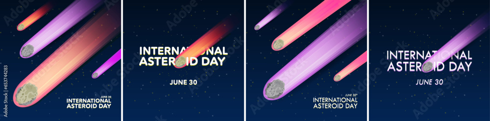 Set of International Asteroid Day 3D Vector Illustrations. Blue and red ...