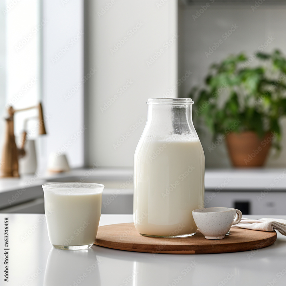 top angle perspective of a product shoot showing the milk bottle and a ...