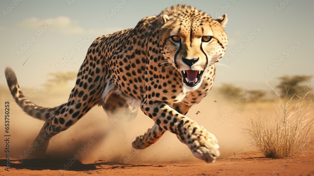 a captivating image of a cheetah in mid-sprint, with every muscle and ...