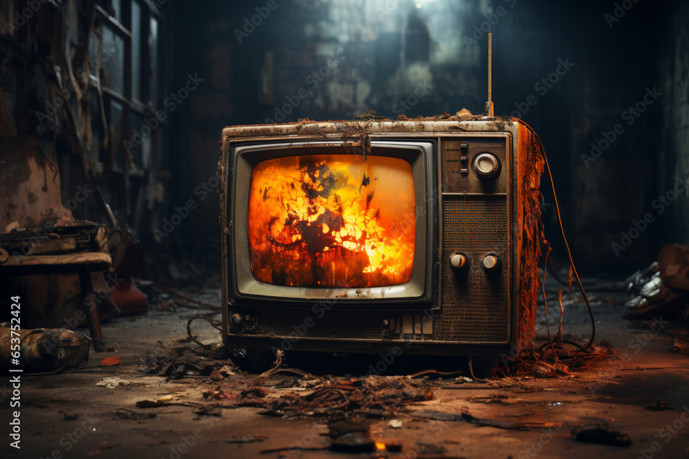 Retro old television on fire in a graffiti covered room. Flames around ...