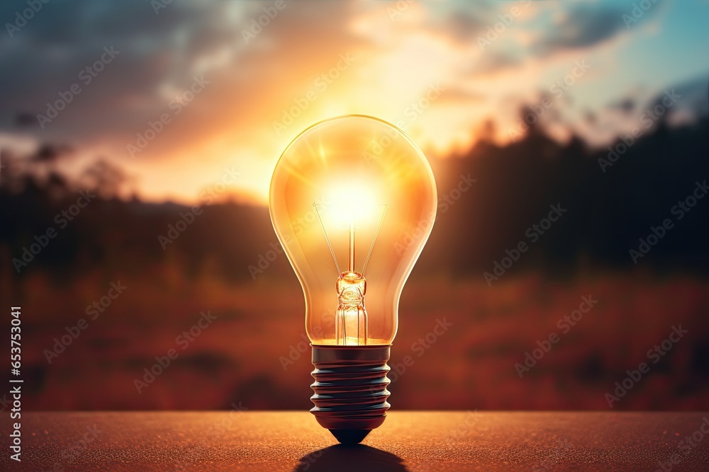 Light bulb with the sun rising, concept photography of a glowing light ...