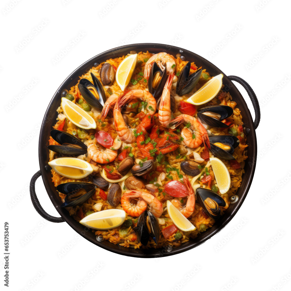 Spanish traditional food Paella with seafood isolated on white ...