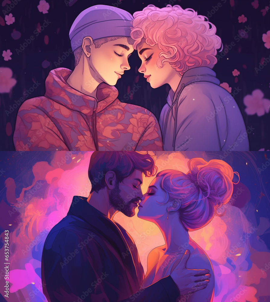 Romantic couple in love. Male and female characters in love. Love after ...