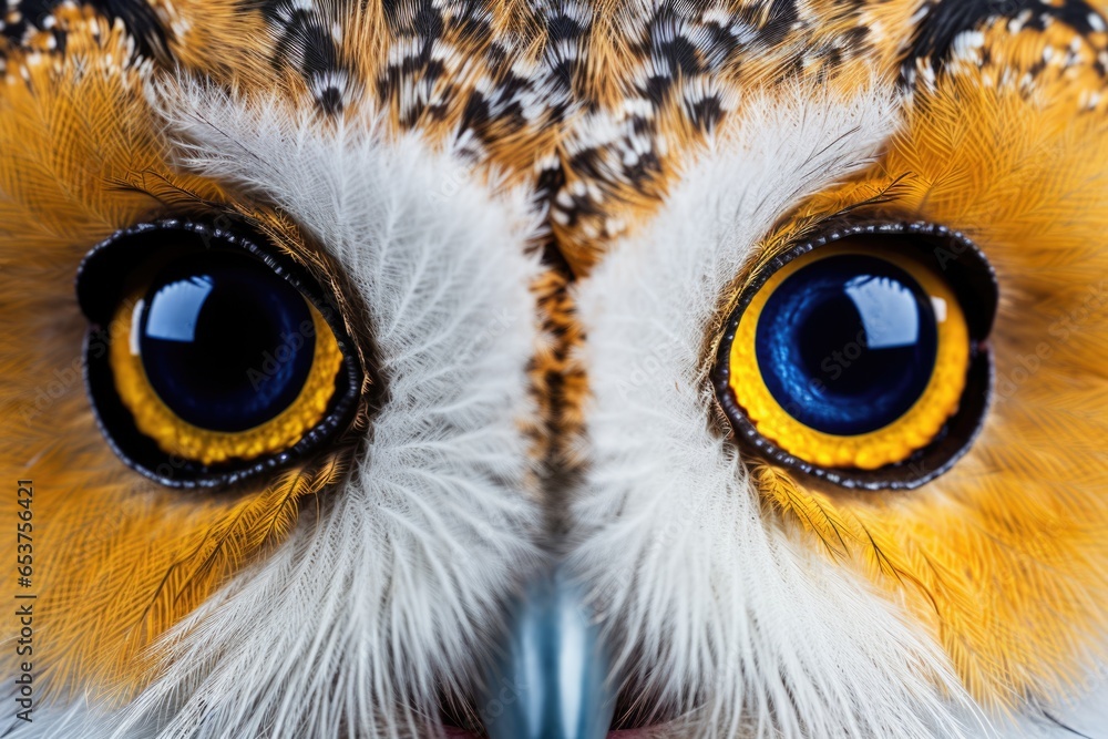 Beautiful barn owl eagle bird looking directly into the camera. Blue ...