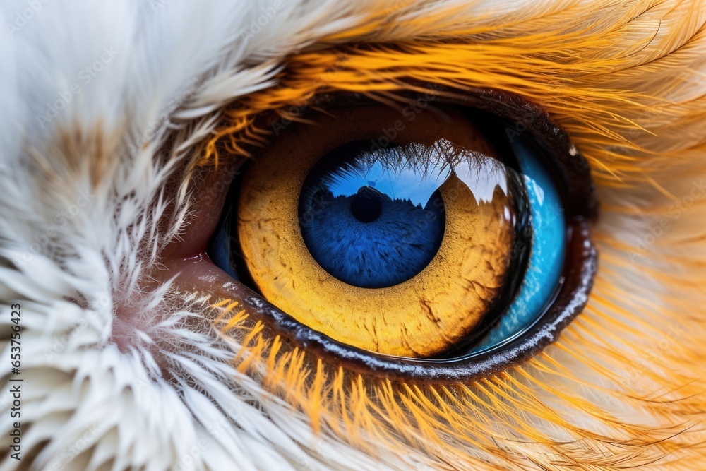 Beautiful barn owl eagle bird looking directly into the camera. Blue ...