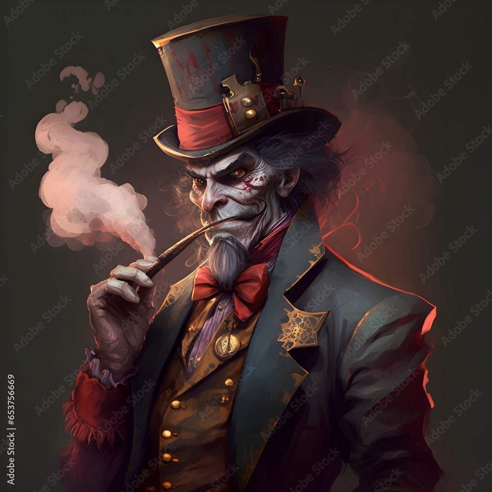 a creepy hobbit circus ringmaster smoking a cigar Painted cartoon ...