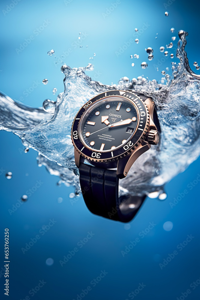 Waterproof luxury mens watch underwater in the ocean or sea commercial ...