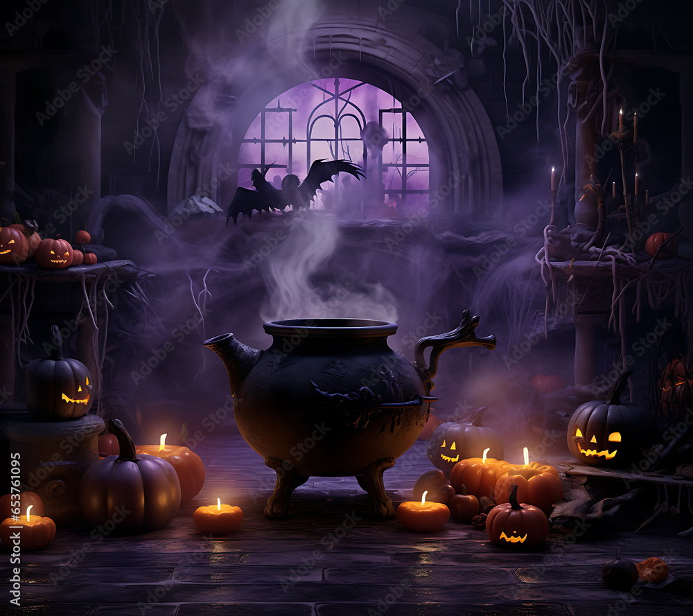 halloween pumpkin and the witch's cauldron , ai generated Stock ...