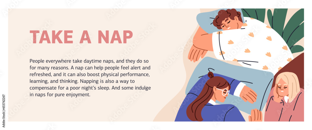 Daytime nap, banner background. Tired people asleep at work. Office ...