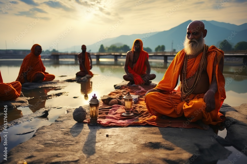 Indian yogi in meditation, spiritual connection amidst the tranquil ...