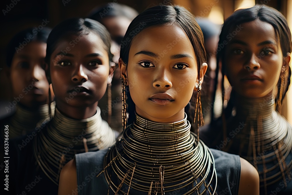 Photo & Art Print Long-necked Kayan woman wearing traditional brass neck rings in a village in ...