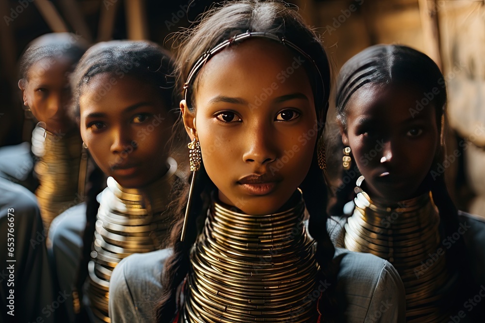 Long-necked Kayan woman wearing traditional brass neck rings in a village in Myanmar,Generated ...
