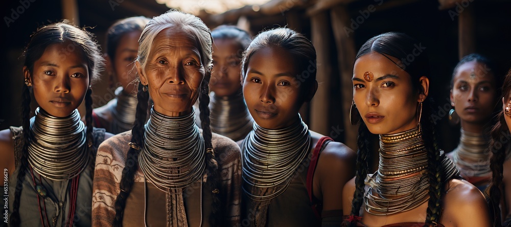 Long-necked Kayan woman wearing traditional brass neck rings in a village in Myanmar,Generated ...