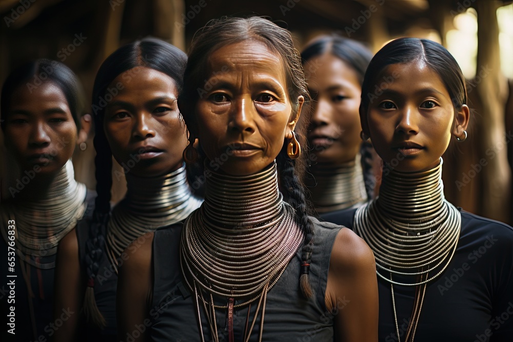 Long-necked Kayan woman wearing traditional brass neck rings in a village in Myanmar,Generated ...