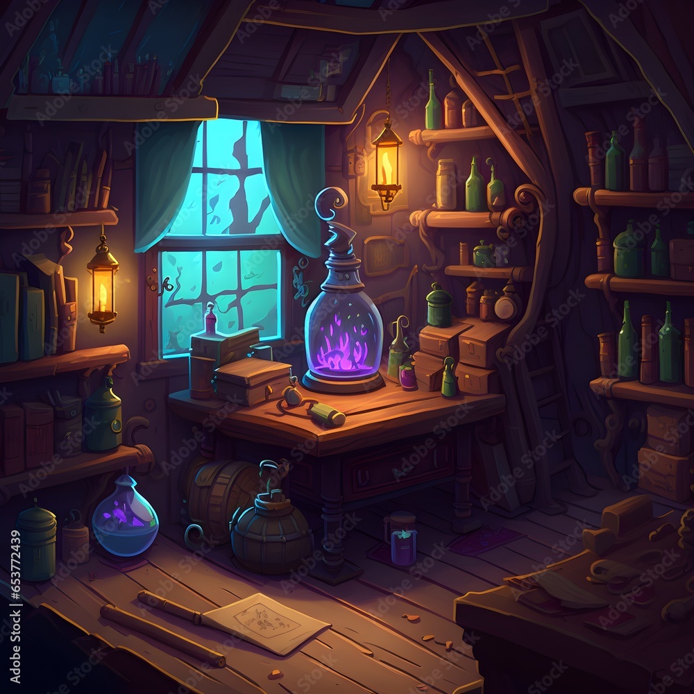 wizard workshop interior table background and shelves game art cartoony ...