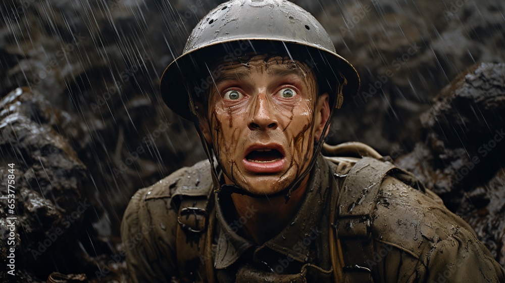 World War I soldier who is shell shocked, eyes wide, PTSD, can't sleep ...