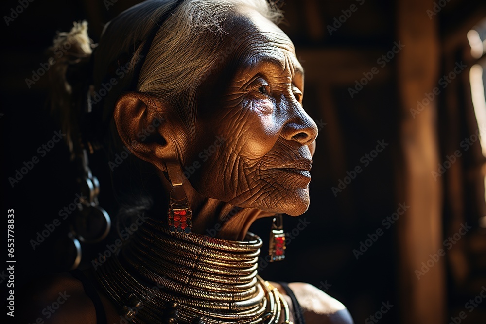 Long-necked Kayan woman wearing traditional brass neck rings in a ...