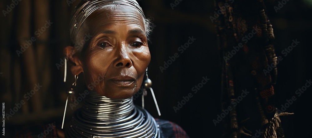 Long-necked Kayan woman wearing traditional brass neck rings in a village in Myanmar,Generated ...