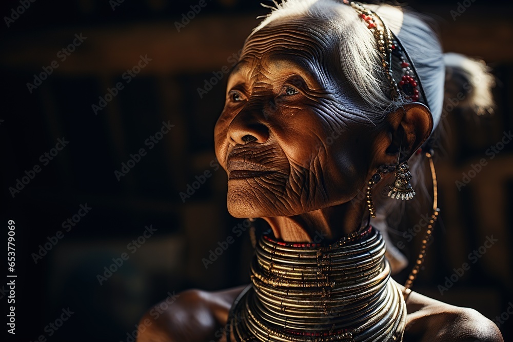 Long-necked Kayan woman wearing traditional brass neck rings in a village in Myanmar,Generated ...