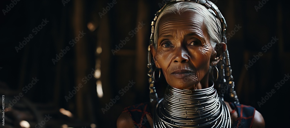 Poster Long-necked Kayan woman wearing traditional brass neck rings in a village in Mya – Wall ...