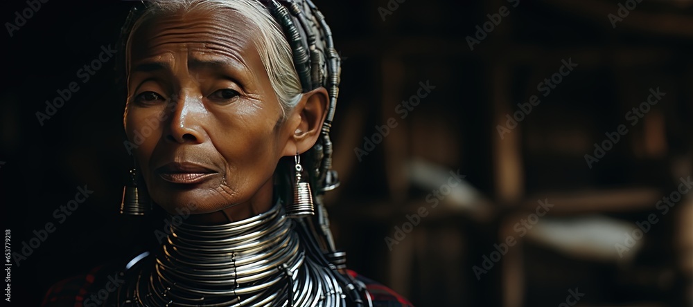 Long-necked Kayan woman wearing traditional brass neck rings in a village in Myanmar,Generated ...