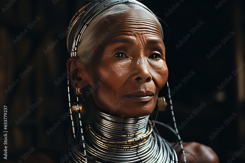 Long-necked Kayan woman wearing traditional brass neck rings in a village in Myanmar,Generated ...