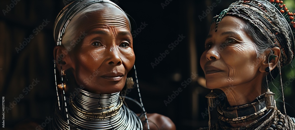 Long-necked Kayan woman wearing traditional brass neck rings in a village in Myanmar,Generated ...