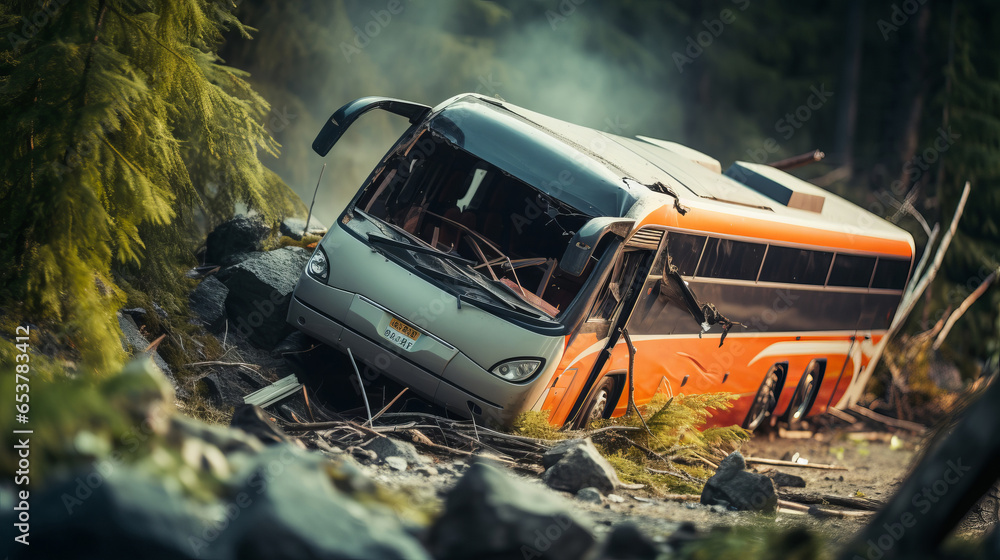 Bus crash road accident. Emergency insurance transport damage report ...