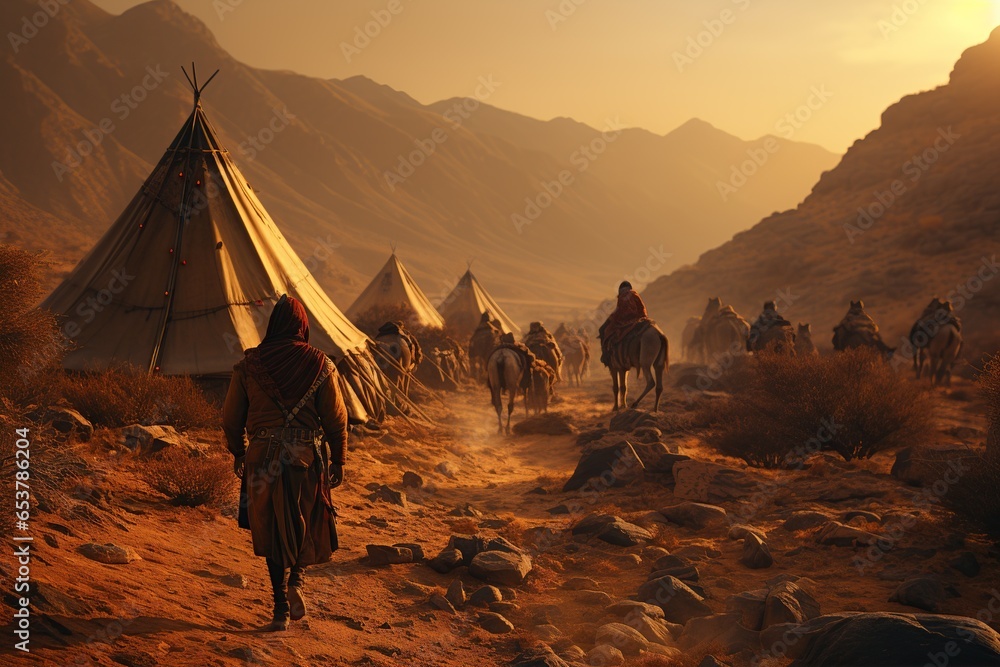 Bedouin people and their nomadic way of life in the desert, with tents ...