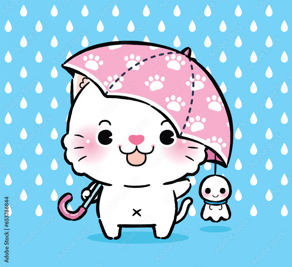 Cute Cartoon Cat with an Umbrella for a Walk in Rain. Teru Teru Bozu ...