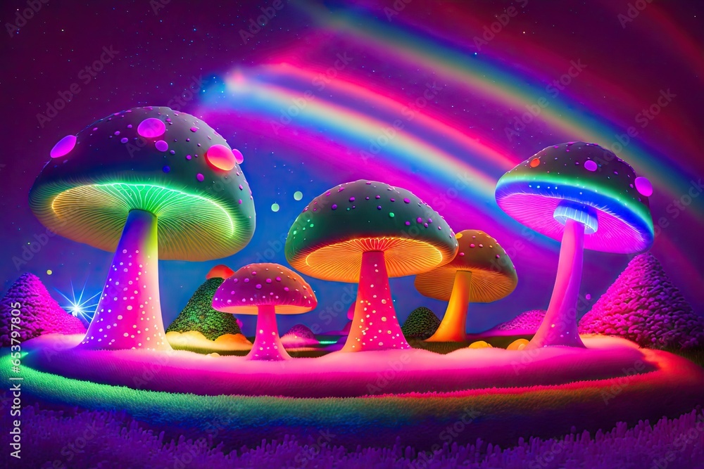 Neon mushrooms, 3D illustration. Magic mushrooms, a group of fungi in ...